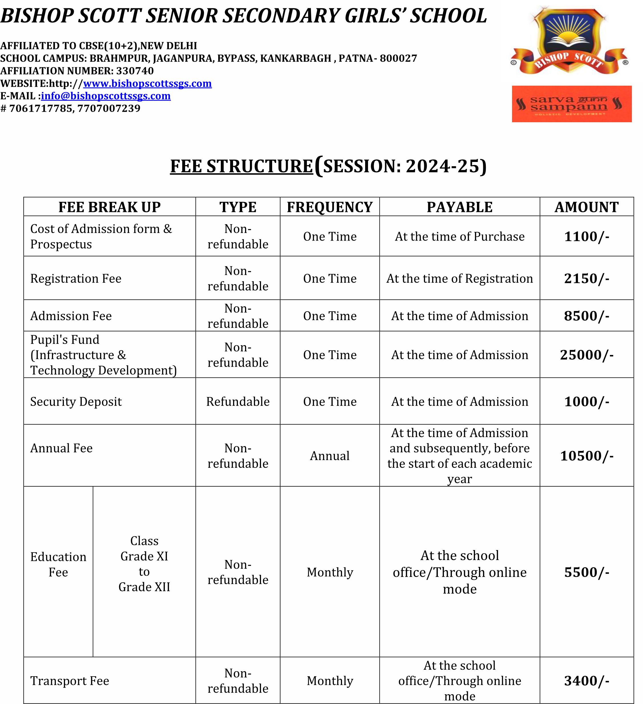 Fee Structure - Bishop Scott Senior Secondary Girls’ School